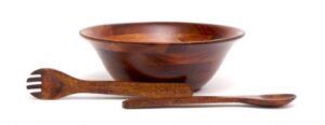 lipper international cherry finished flared serving bowl with 2 server utensils, large, 14" diameter x 5" height, 3-piece set