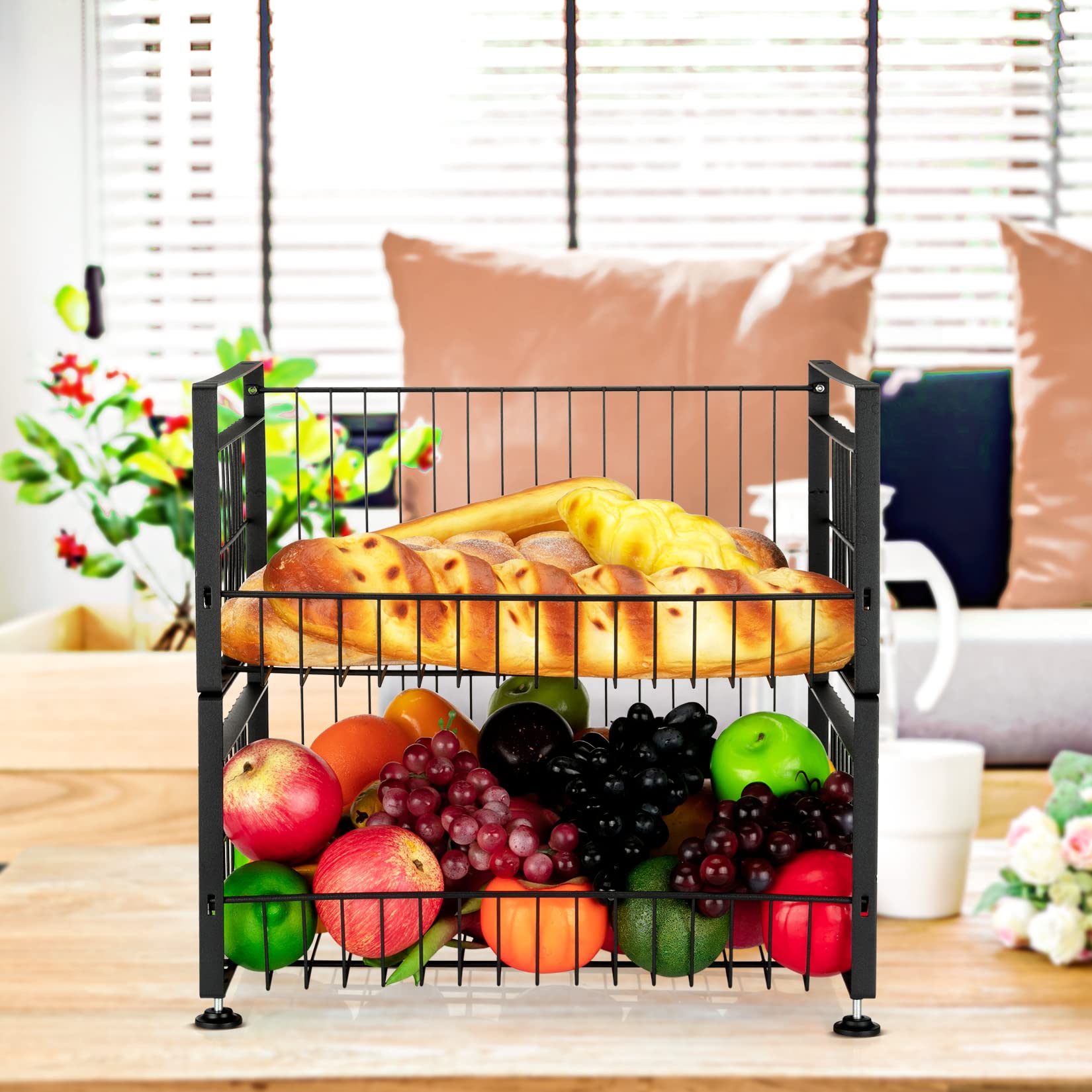 Fashionwu 2 Tier Detachable Fruit Basket with 4 Banana Hanger, Fruit Bowl for Kitchen Counter, Hanging Fruit Basket Kitchen Essentials Metal Wire Basket, Black