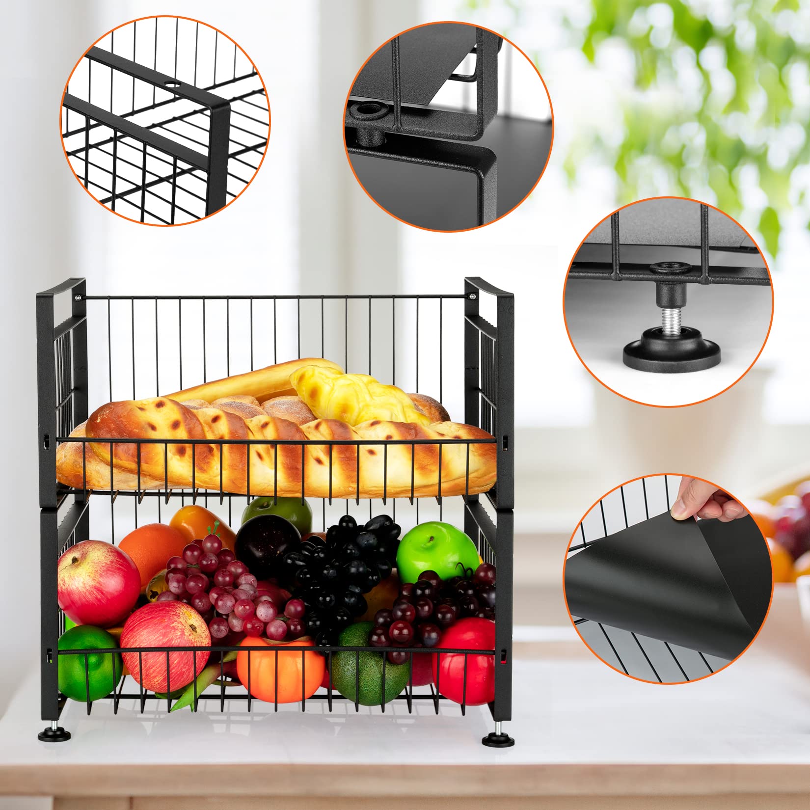 Fashionwu 2 Tier Detachable Fruit Basket with 4 Banana Hanger, Fruit Bowl for Kitchen Counter, Hanging Fruit Basket Kitchen Essentials Metal Wire Basket, Black