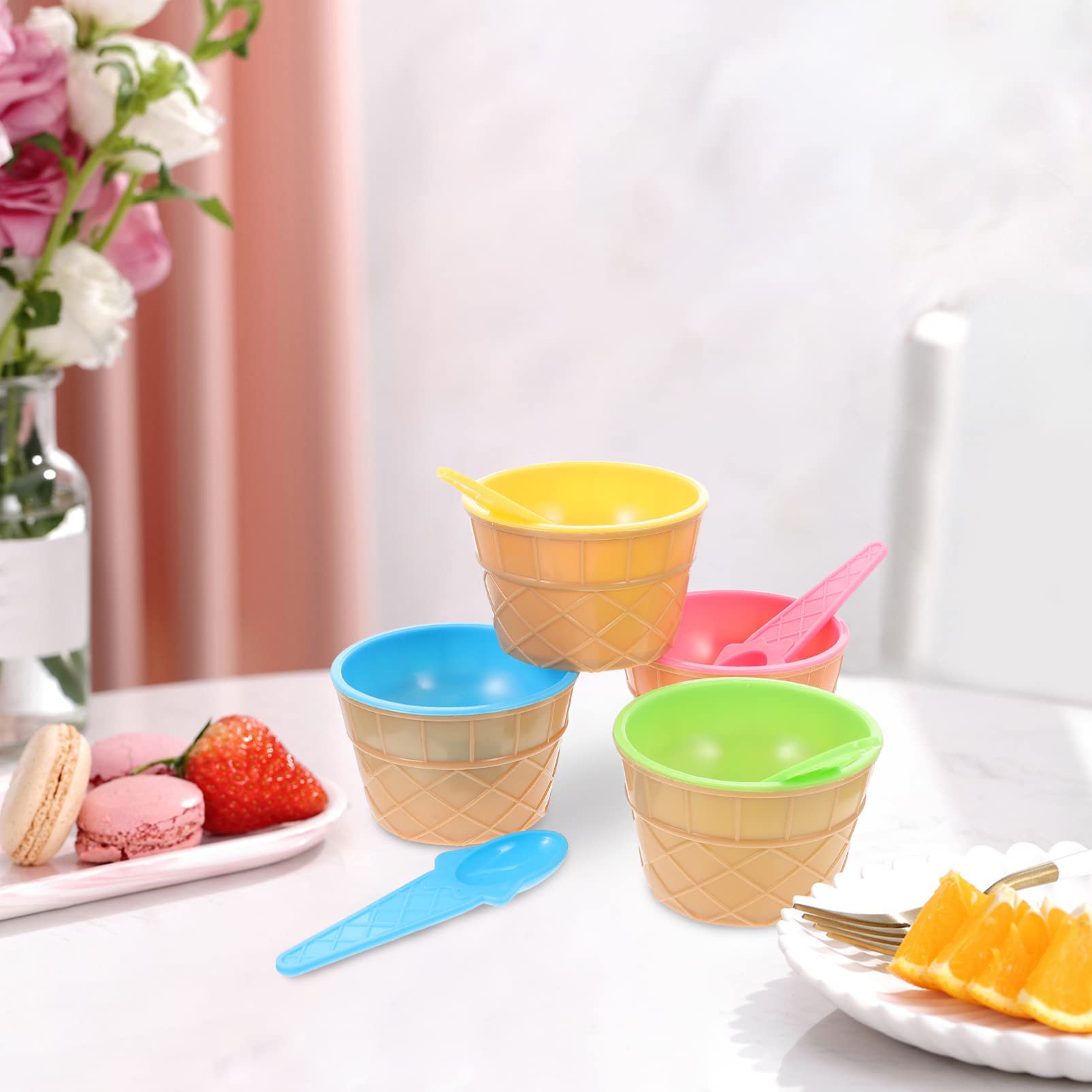 Zerodeko 4 Sets Plastic Ice Cream Bowl with Spoons Double Layer Ice Cream Cups Candy Color Reusable Dessert Bowls Sundae Cups Yogurt Dishes Mixing Bowls