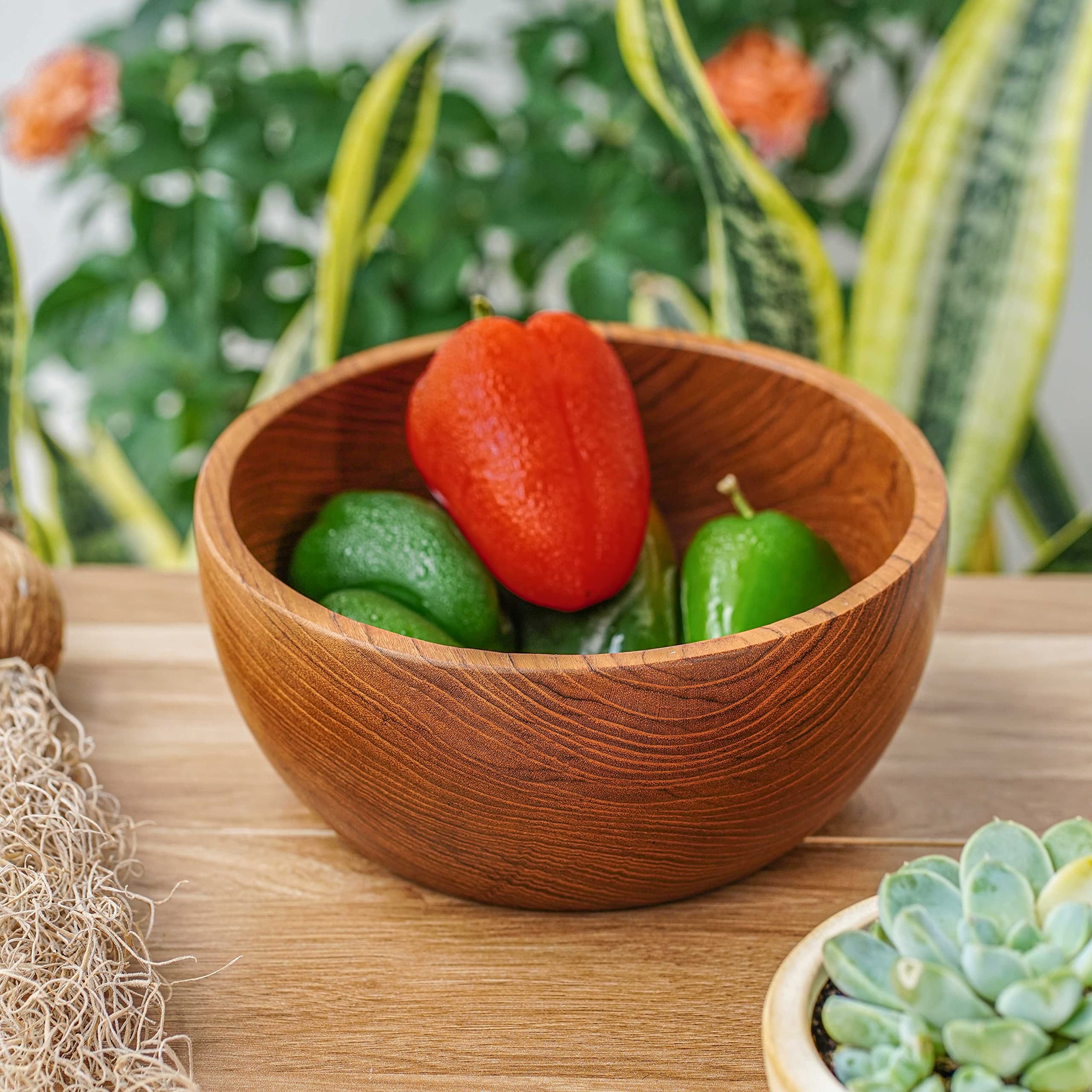 Rainforest Bowls Set of 4 7" Large Classic Javanese Teak Wood Bowls- Perfect for Everyday Use, Hot & Cold Friendly, Ultra-Durable- Premium Solid Wooden Bowls Handcrafted by Indonesian Artisans