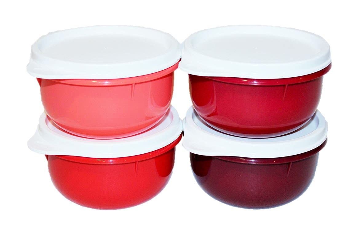 Tupperware (4) Little Lil' Ideal Bowls 8 Ounce Snack Cups Shades of Red