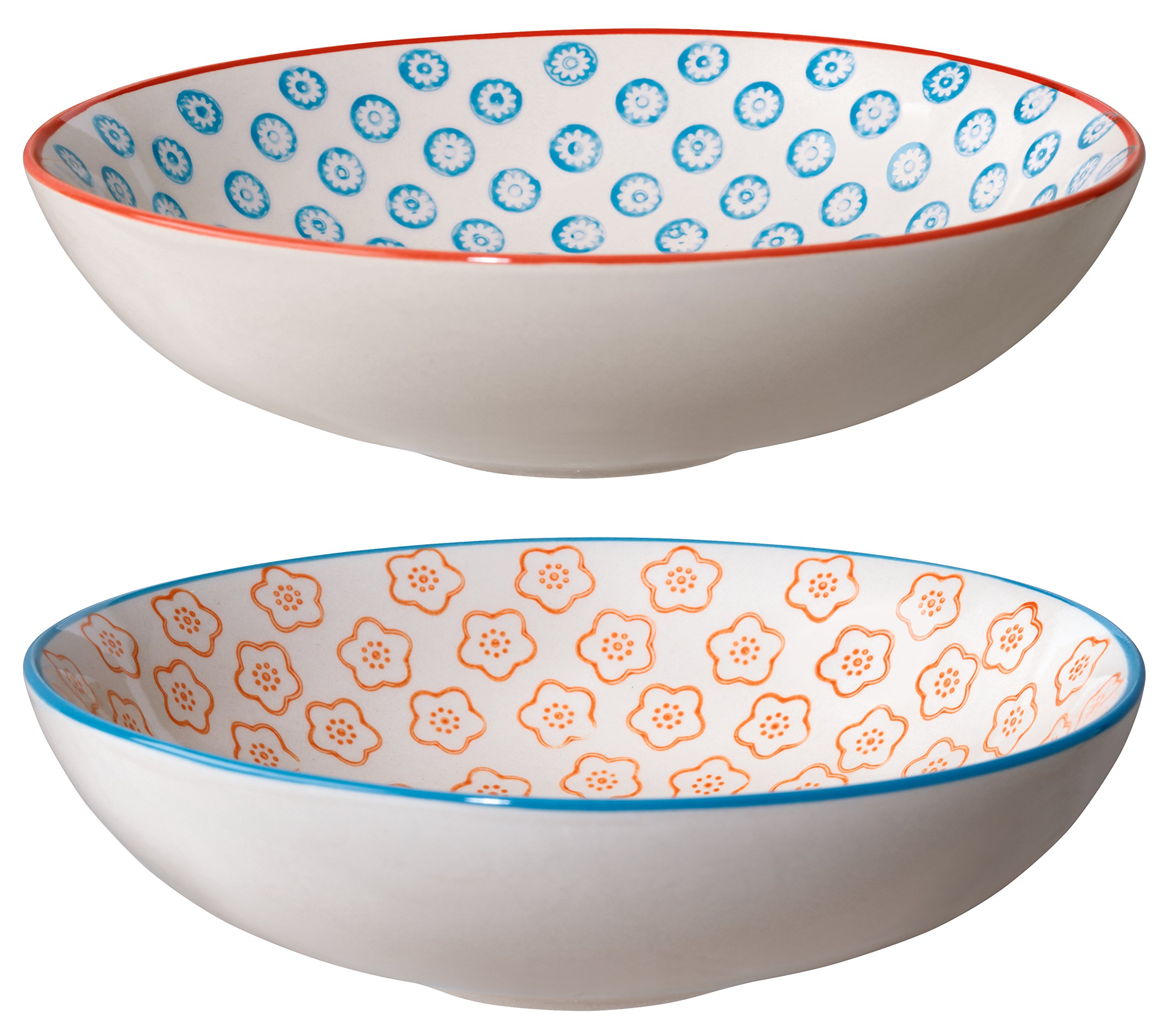 Bloomingville Ceramic Pasta Bowls Emma - colorful Serving Dish Dia 7.5'' H 2'', blue-orange, Stoneware, Set of 2 Styles, content 19.25 fl oz