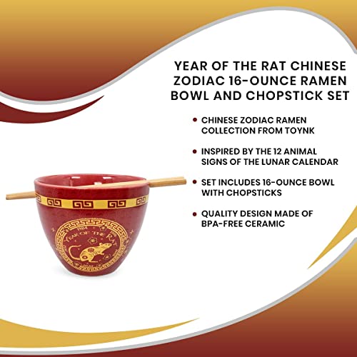 Boom Trendz Year Of The Rat Chinese Zodiac Ceramic Dinnerware Set | Includes 16-Ounce Ramen Noodle Bowl and Wooden Chopsticks Asian Food Dish For Home & Kitchen Kawaii Lunar New Gifts Red One Size