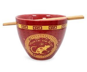 boom trendz year of the rat chinese zodiac ceramic dinnerware set | includes 16-ounce ramen noodle bowl and wooden chopsticks asian food dish for home & kitchen kawaii lunar new gifts red one size