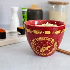 Boom Trendz Year Of The Rat Chinese Zodiac Ceramic Dinnerware Set | Includes 16-Ounce Ramen Noodle Bowl and Wooden Chopsticks Asian Food Dish For Home & Kitchen Kawaii Lunar New Gifts Red One Size