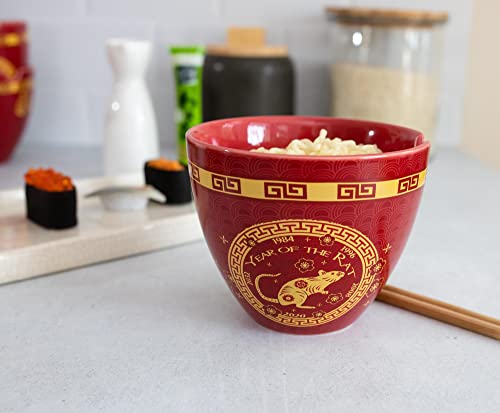 Boom Trendz Year Of The Rat Chinese Zodiac Ceramic Dinnerware Set | Includes 16-Ounce Ramen Noodle Bowl and Wooden Chopsticks Asian Food Dish For Home & Kitchen Kawaii Lunar New Gifts Red One Size