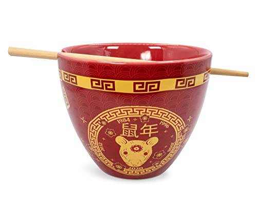 Boom Trendz Year Of The Rat Chinese Zodiac Ceramic Dinnerware Set | Includes 16-Ounce Ramen Noodle Bowl and Wooden Chopsticks Asian Food Dish For Home & Kitchen Kawaii Lunar New Gifts Red One Size