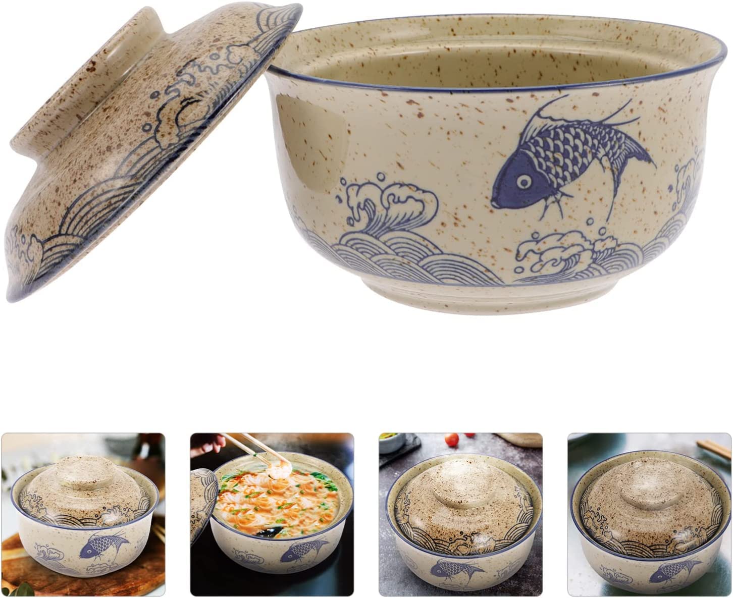 OIDESA Big Ramen Bowl Japanese Noodle Bowls with Lid Large Ceramic Bowl with Lid and for Soup Rice Noodle and Porridge Microwave Oven Safety 6. 5inch