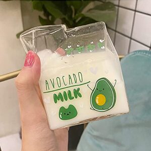 380ml Kawaii Milk Glass Cup Creative Square Clear Milk Carton Water Bottle Wholesale Cute Fruit Heat Resistant Breakfast Cups (Avocado, 300-400ml)