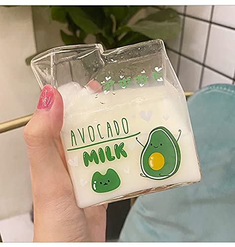 380ml Kawaii Milk Glass Cup Creative Square Clear Milk Carton Water Bottle Wholesale Cute Fruit Heat Resistant Breakfast Cups (Avocado, 300-400ml)