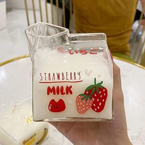 380ml Kawaii Milk Glass Cup Creative Square Clear Milk Carton Water Bottle Wholesale Cute Fruit Heat Resistant Breakfast Cups (Avocado, 300-400ml)