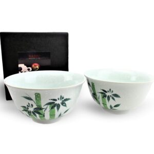 2 Piece Large Japanese Noodle Bowl Set ~ 41 Ounce Porcelain Ramen Noodle Bowls Hand-Painted Green Bamboo for Ramen Noodle Salad Udon Soba Pho Asian Noodles F15746