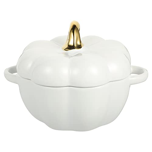 Hemoton Pumpkin Serving Bowl Ceramic Pumpkin Soup Bowl for Halloween, 450ML (15oz) Pumpkin Soup Bowl Dish, Soup Bowl with Lid (White) Ceramic Canister Ceramic Soup Bowl