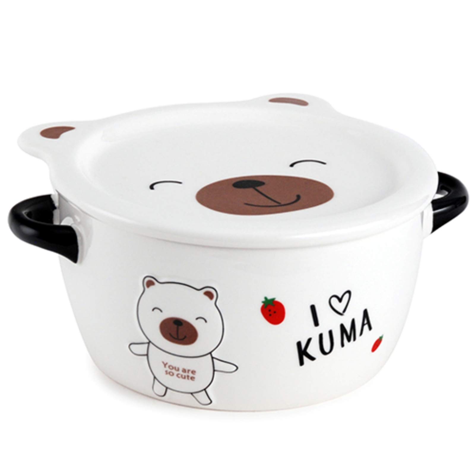 White Ceramic Bowl with Lid and Black Mini Handles, I Love Kuma Bear Design Dish for Noodles, Soup, Rice, 5 3/4 Inches