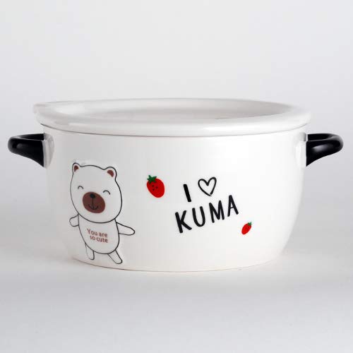 White Ceramic Bowl with Lid and Black Mini Handles, I Love Kuma Bear Design Dish for Noodles, Soup, Rice, 5 3/4 Inches