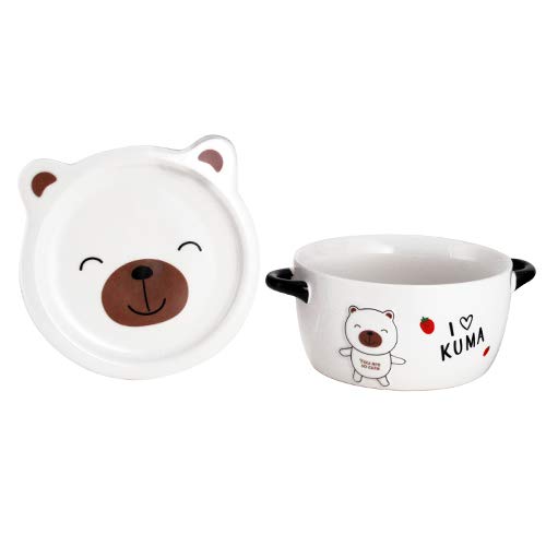 White Ceramic Bowl with Lid and Black Mini Handles, I Love Kuma Bear Design Dish for Noodles, Soup, Rice, 5 3/4 Inches