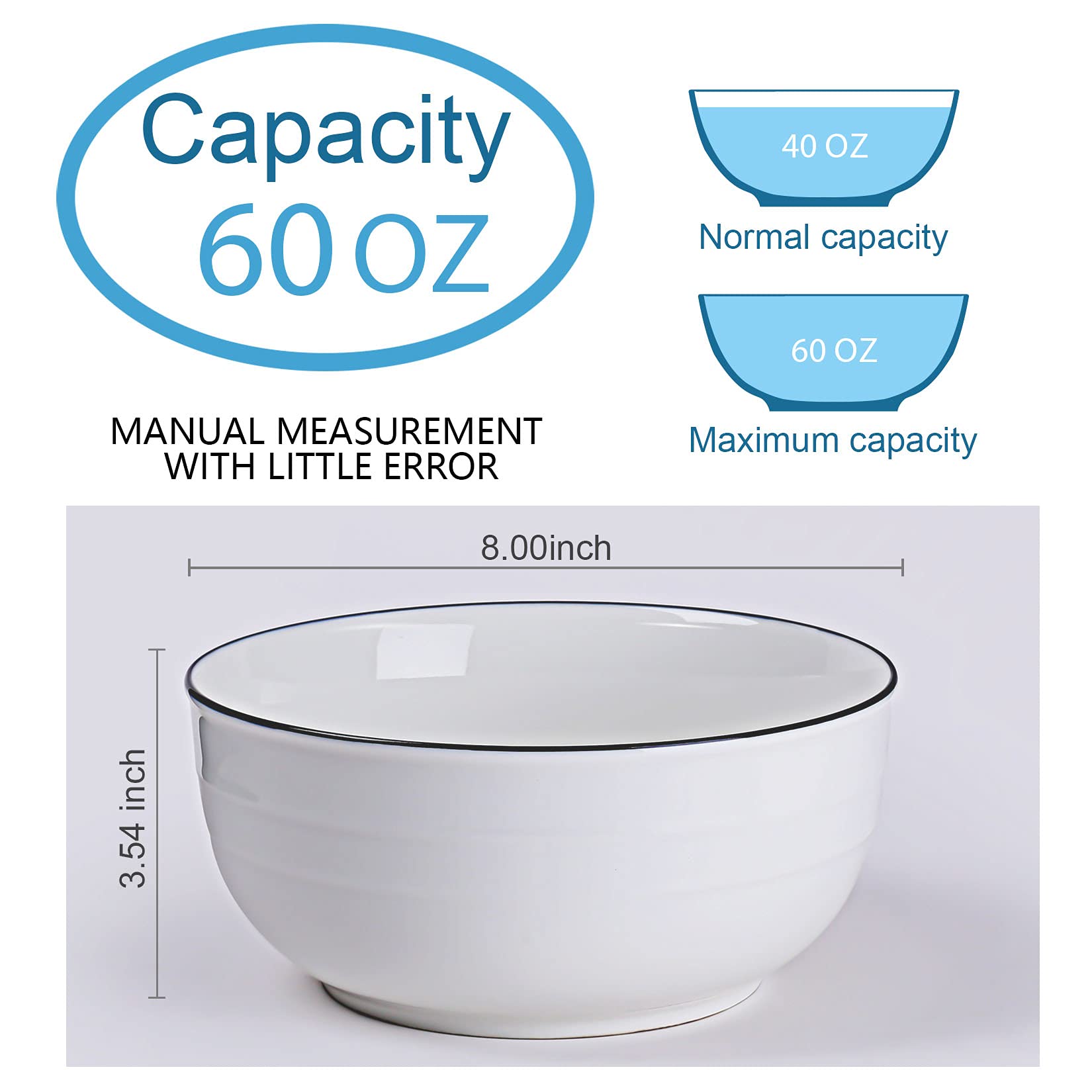 TGLBT 60 oz. Porcelain Salad/Soup Bowl Set of 2 for Soup, Snacks and Vegetable Salad, Large stackable Round Bowl, White