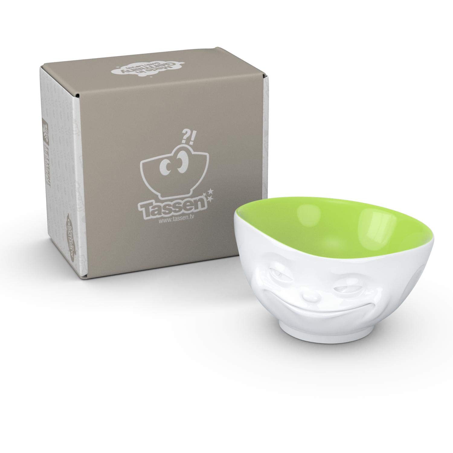 FIFTYEIGHT PRODUCTS TASSEN Porcelain Bowl, Grinning Face Edition, 16 oz. White Outs., Pistachio Color Ins. (Single Bowl)