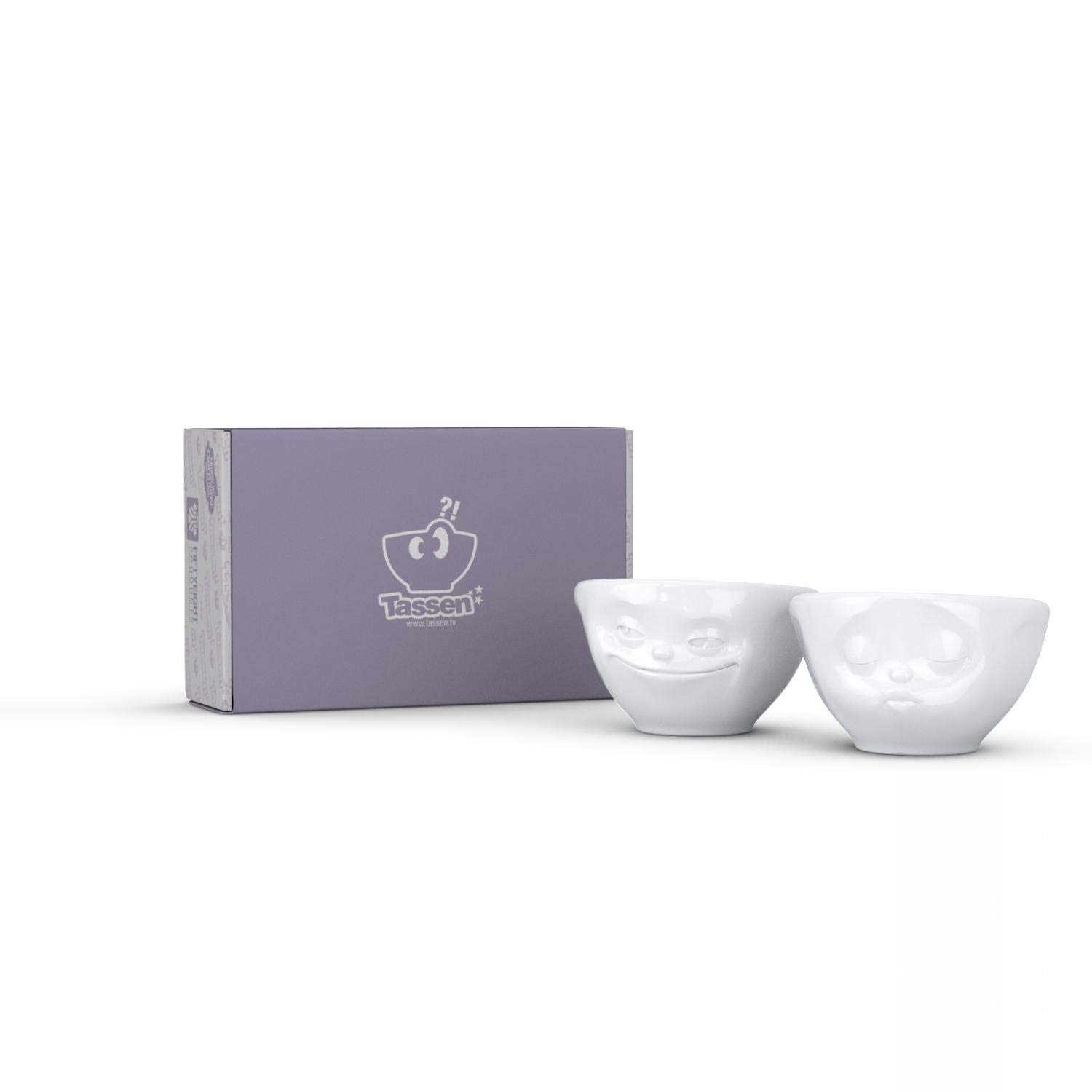 FIFTYEIGHT PRODUCTS TASSEN Small Porcelain Bowl Set No. 1, Kissing & Grinning Face, 3.3 oz. White (Set of 2 Bowls)