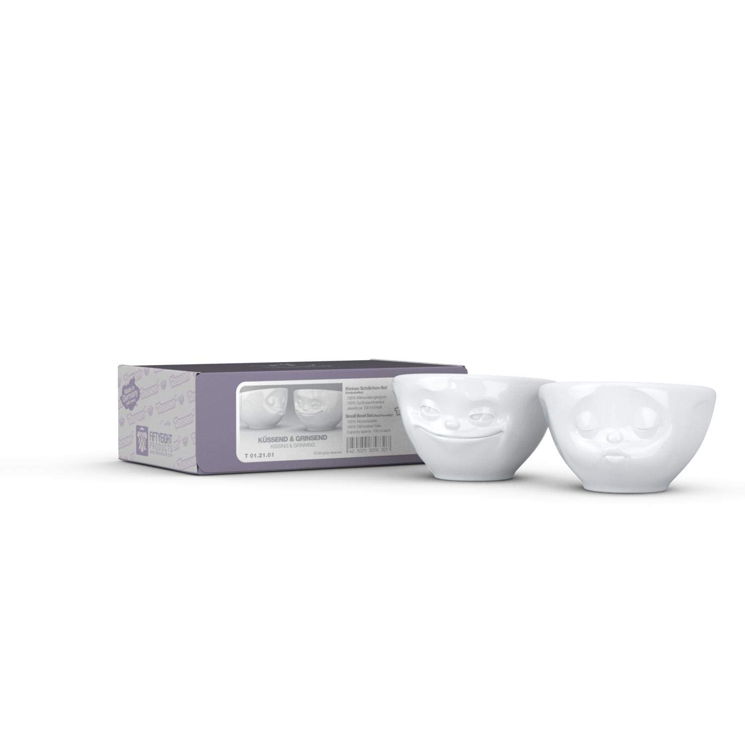 FIFTYEIGHT PRODUCTS TASSEN Small Porcelain Bowl Set No. 1, Kissing & Grinning Face, 3.3 oz. White (Set of 2 Bowls)