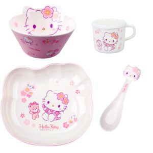 Hello Kitty Bear Sakura Cute Pink Dinnerware Flatware Meal Set – Plate Bowl Cup Spoon, 4 pieces