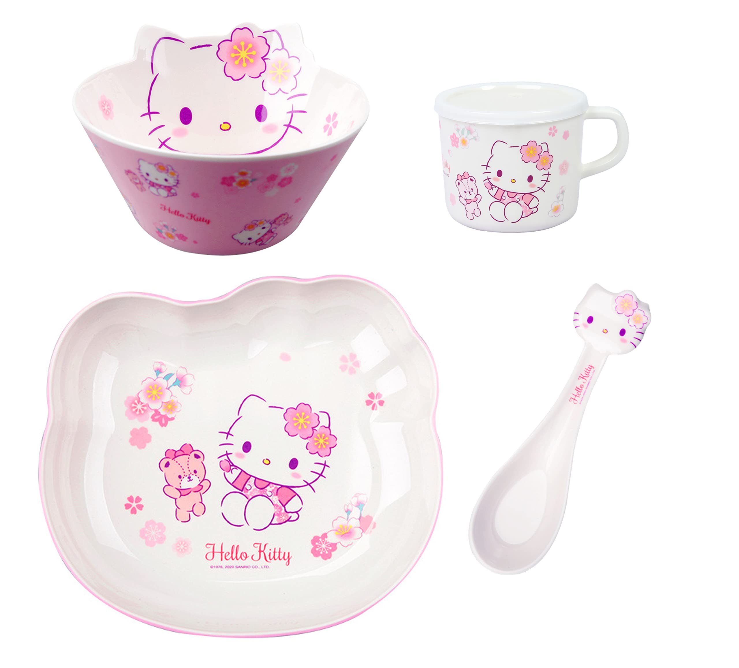 Hello Kitty Bear Sakura Cute Pink Dinnerware Flatware Meal Set – Plate Bowl Cup Spoon, 4 pieces