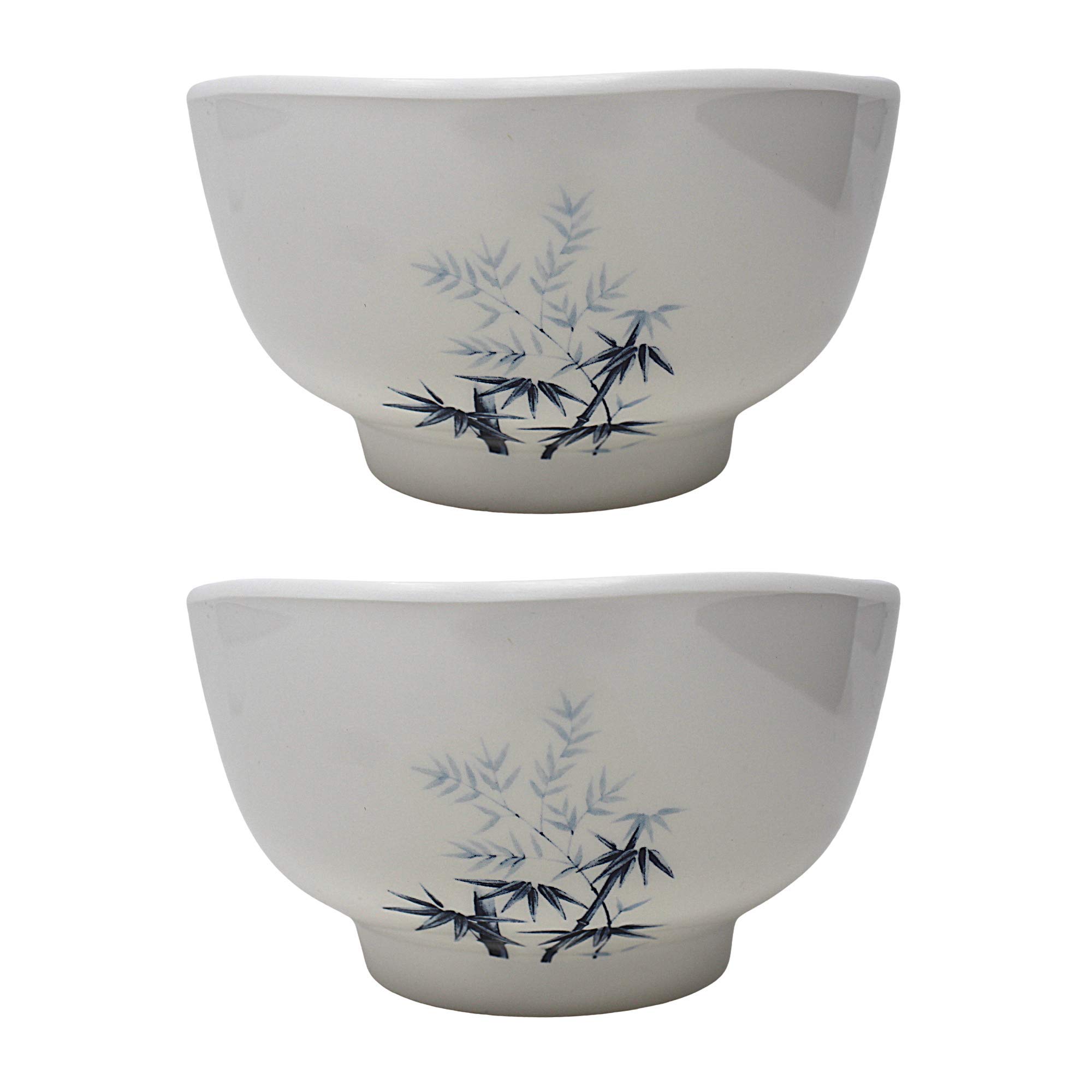 Needzo White Plastic Bowl with Blue Bamboo Decoration, Japanese Inspired Bowls for Rice, Snacks, 4.5 Inches, Pack of 2