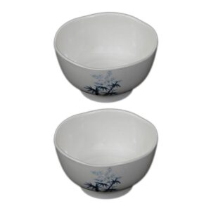 Needzo White Plastic Bowl with Blue Bamboo Decoration, Japanese Inspired Bowls for Rice, Snacks, 4.5 Inches, Pack of 2