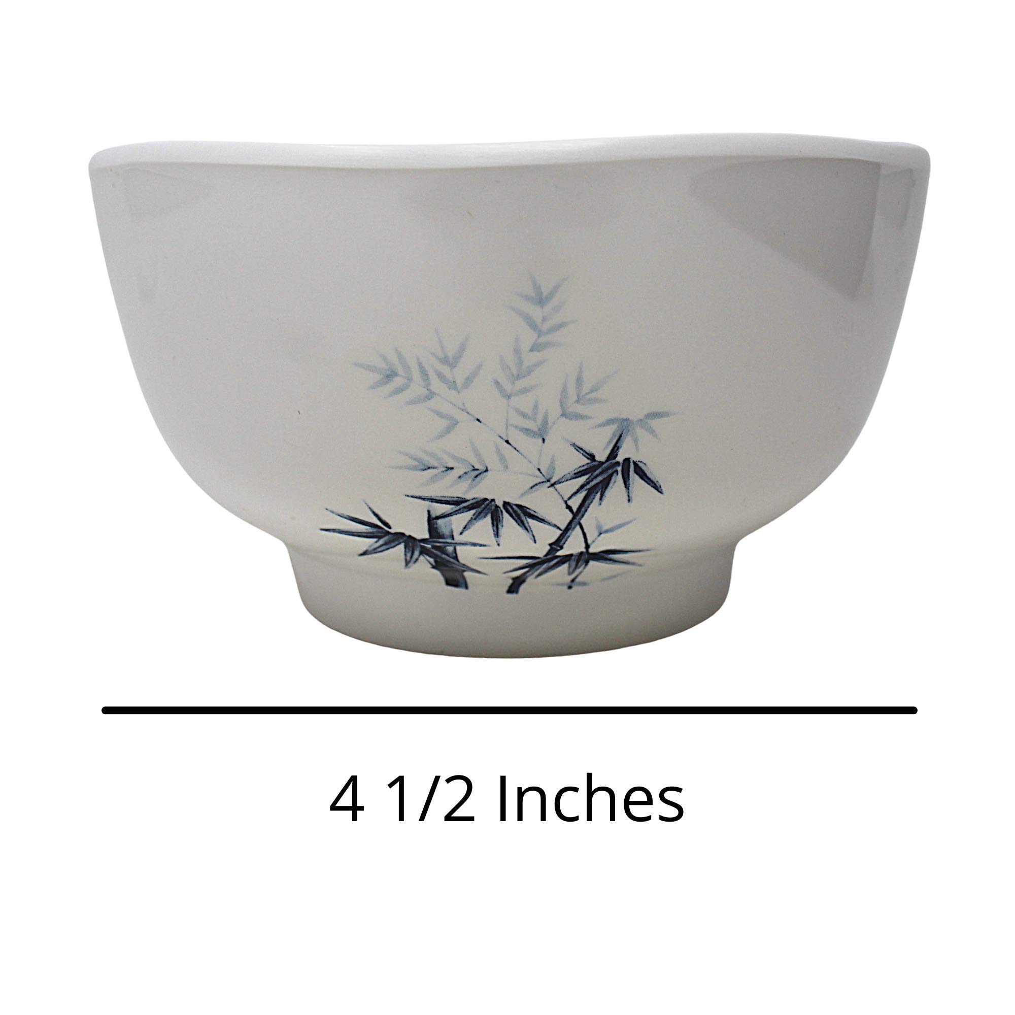 Needzo White Plastic Bowl with Blue Bamboo Decoration, Japanese Inspired Bowls for Rice, Snacks, 4.5 Inches, Pack of 2