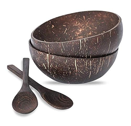 Natural Coconut Bowls and Coconut Spoons (Set of 2 Bowls and 2 Spoons) - 100% Natural Serving Bowls - Vegan - Organic - Hand Made - Eco Friendly - Made from Reclaimed Coconut Shells - by Coco Co.