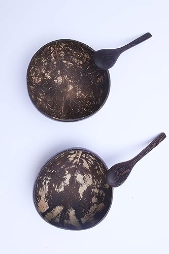 Natural Coconut Bowls and Coconut Spoons (Set of 2 Bowls and 2 Spoons) - 100% Natural Serving Bowls - Vegan - Organic - Hand Made - Eco Friendly - Made from Reclaimed Coconut Shells - by Coco Co.