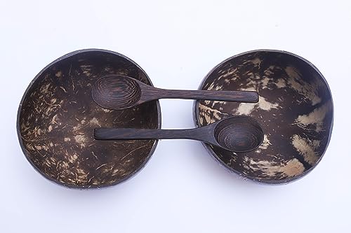 Natural Coconut Bowls and Coconut Spoons (Set of 2 Bowls and 2 Spoons) - 100% Natural Serving Bowls - Vegan - Organic - Hand Made - Eco Friendly - Made from Reclaimed Coconut Shells - by Coco Co.