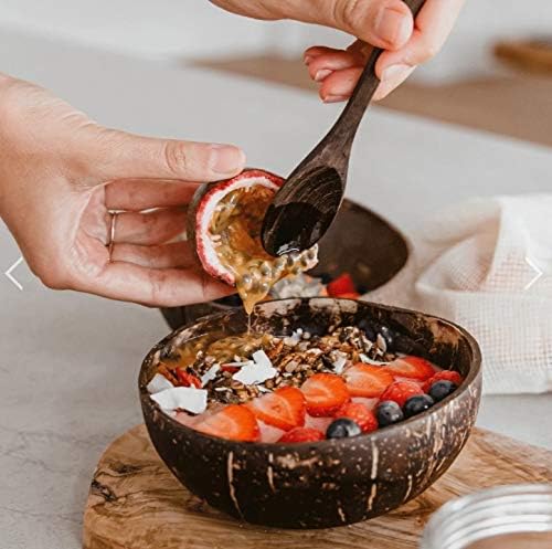 Natural Coconut Bowls and Coconut Spoons (Set of 2 Bowls and 2 Spoons) - 100% Natural Serving Bowls - Vegan - Organic - Hand Made - Eco Friendly - Made from Reclaimed Coconut Shells - by Coco Co.