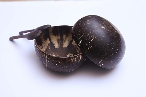 Natural Coconut Bowls and Coconut Spoons (Set of 2 Bowls and 2 Spoons) - 100% Natural Serving Bowls - Vegan - Organic - Hand Made - Eco Friendly - Made from Reclaimed Coconut Shells - by Coco Co.