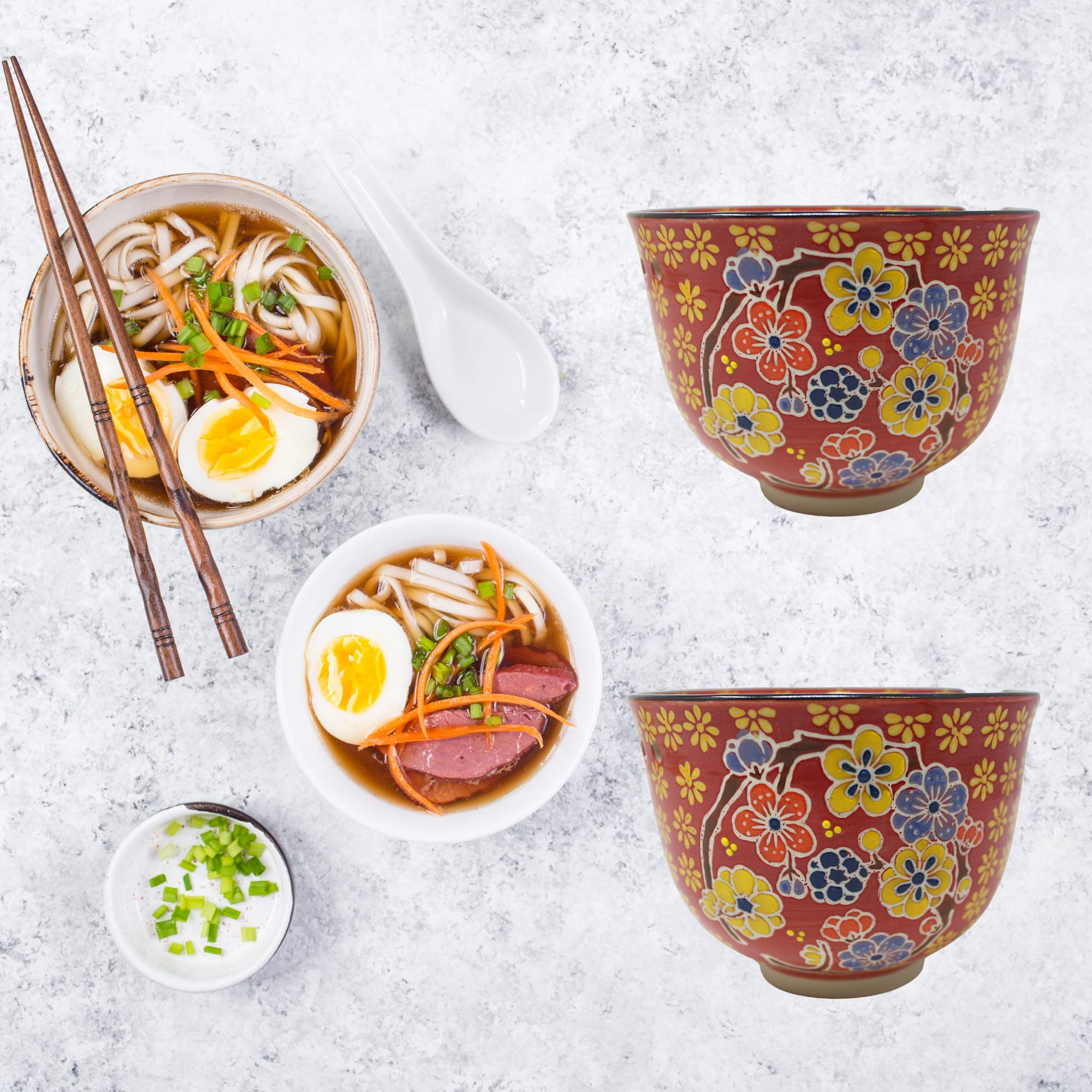 Needzo Red Floral Bowl with Chopsticks Holder and Wood Chopstick Set, Dish for Ramen, Pho, Soup, 5 x 4 Inches