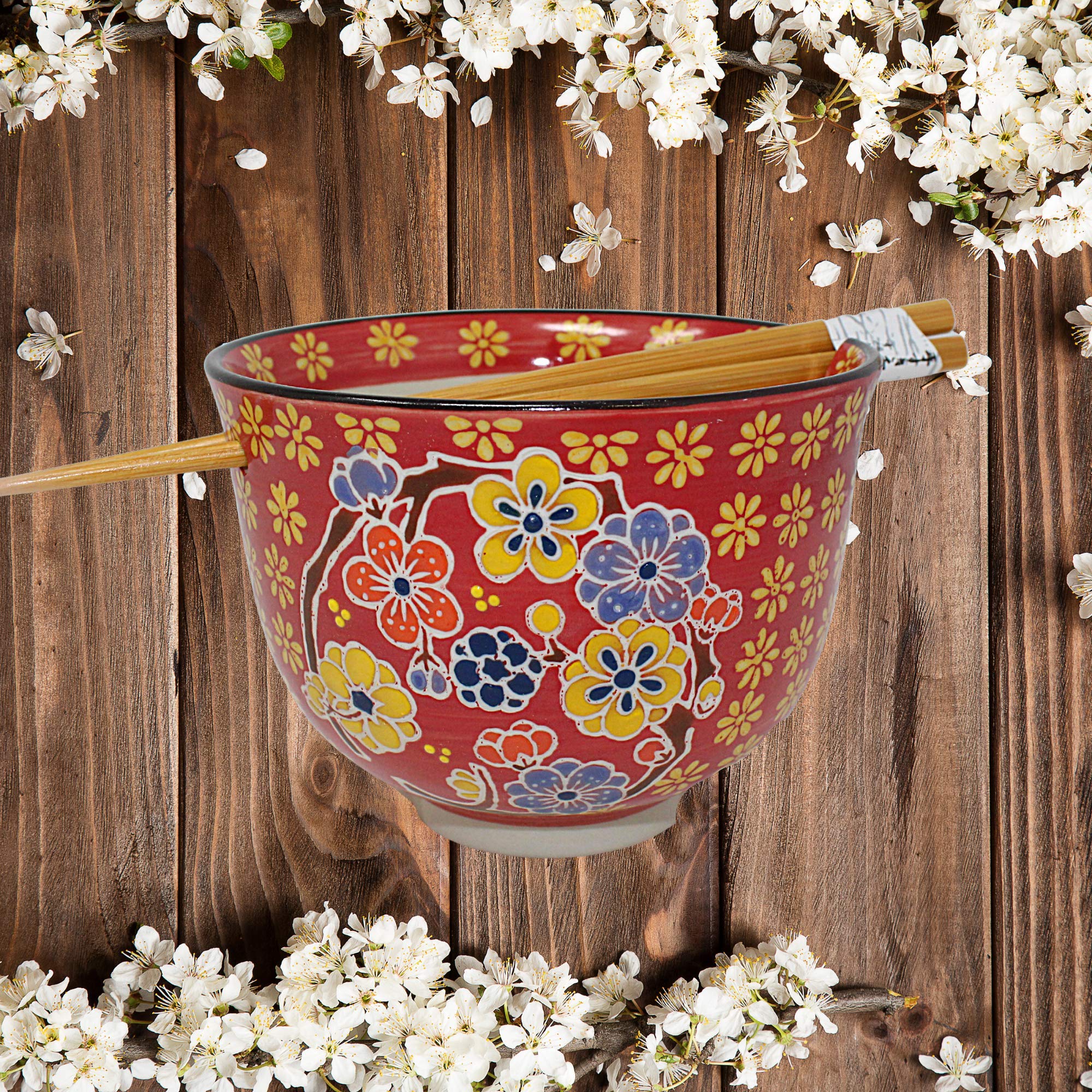 Needzo Red Floral Bowl with Chopsticks Holder and Wood Chopstick Set, Dish for Ramen, Pho, Soup, 5 x 4 Inches