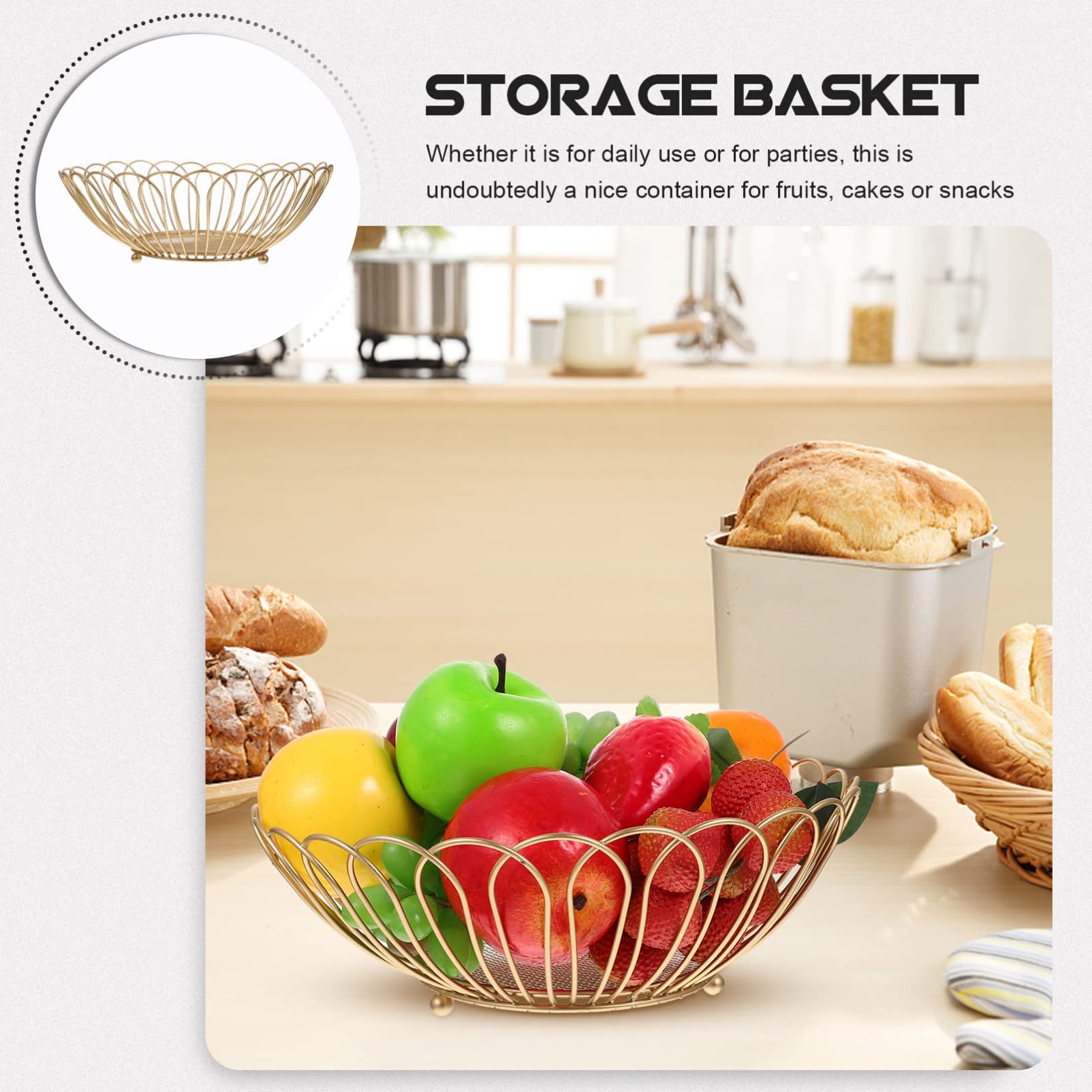 Zerodeko Round Wire Basket Metal Fruit Bowl Decorative Bowl Modern Centerpiece Bowl Countertop Fruit Holder Serving Tray for Kitchen Counter Bread Snacks Candy Vegetable Golden Fruit Bowl