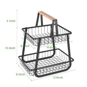 TBMax 2 Tier Fruit Basket for Kitchen Countertop Metal Wire Fruit Bowl with Wooden Handle for Produce Storage Rack, Snack Organizer, Bread Baskets, Vegetable Stand -Black