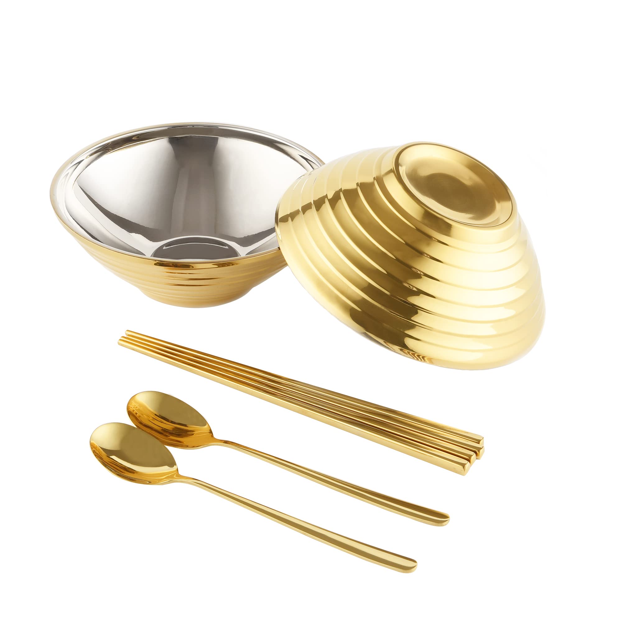 Tikitsen gold stainless steel Lamian Noodles bowl set 2, 7-inch stainless steel double-layer soup bowl, with 2 pairs of chopsticks and 2 pairs of spoons, gold large Lamian Noodles soup bowl