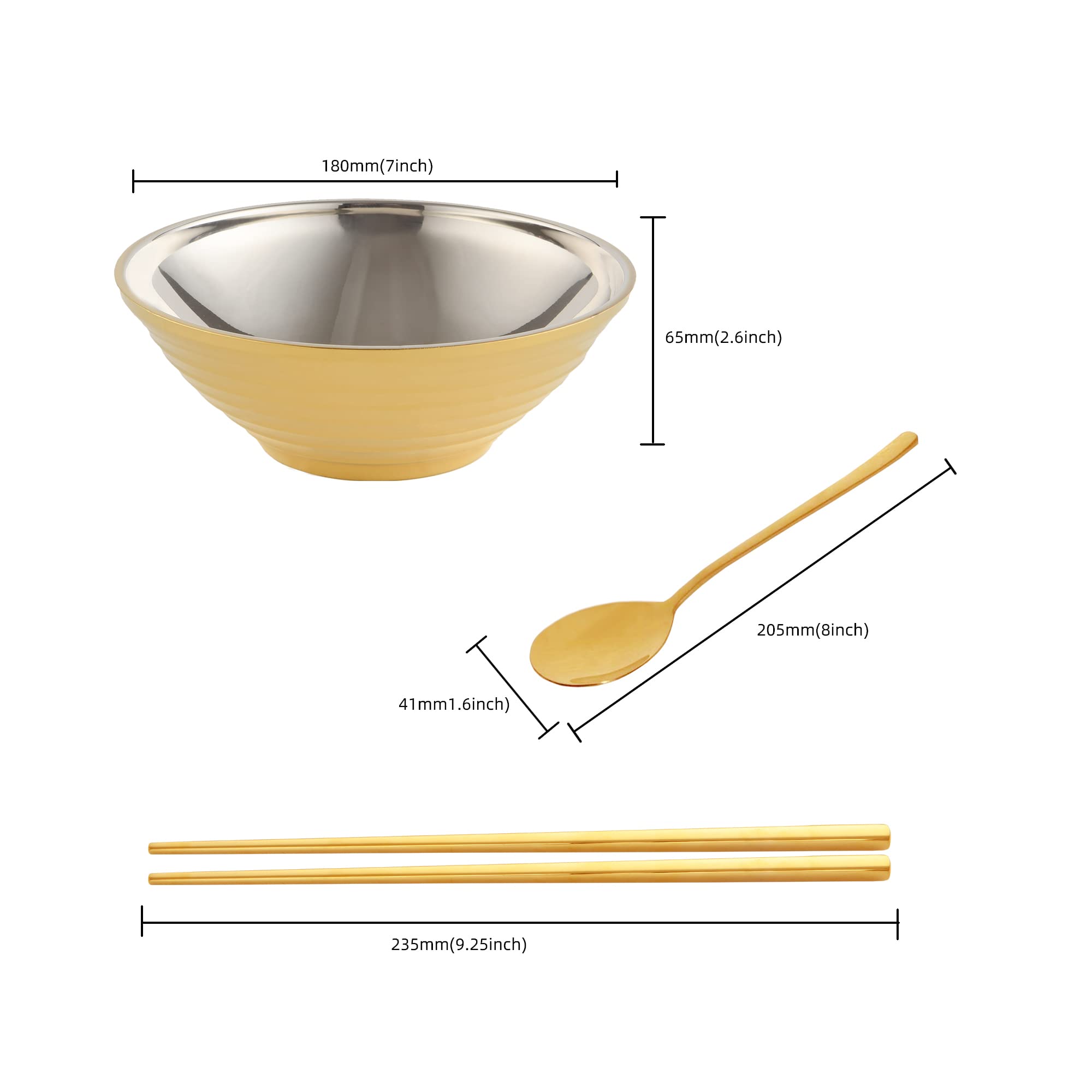 Tikitsen gold stainless steel Lamian Noodles bowl set 2, 7-inch stainless steel double-layer soup bowl, with 2 pairs of chopsticks and 2 pairs of spoons, gold large Lamian Noodles soup bowl