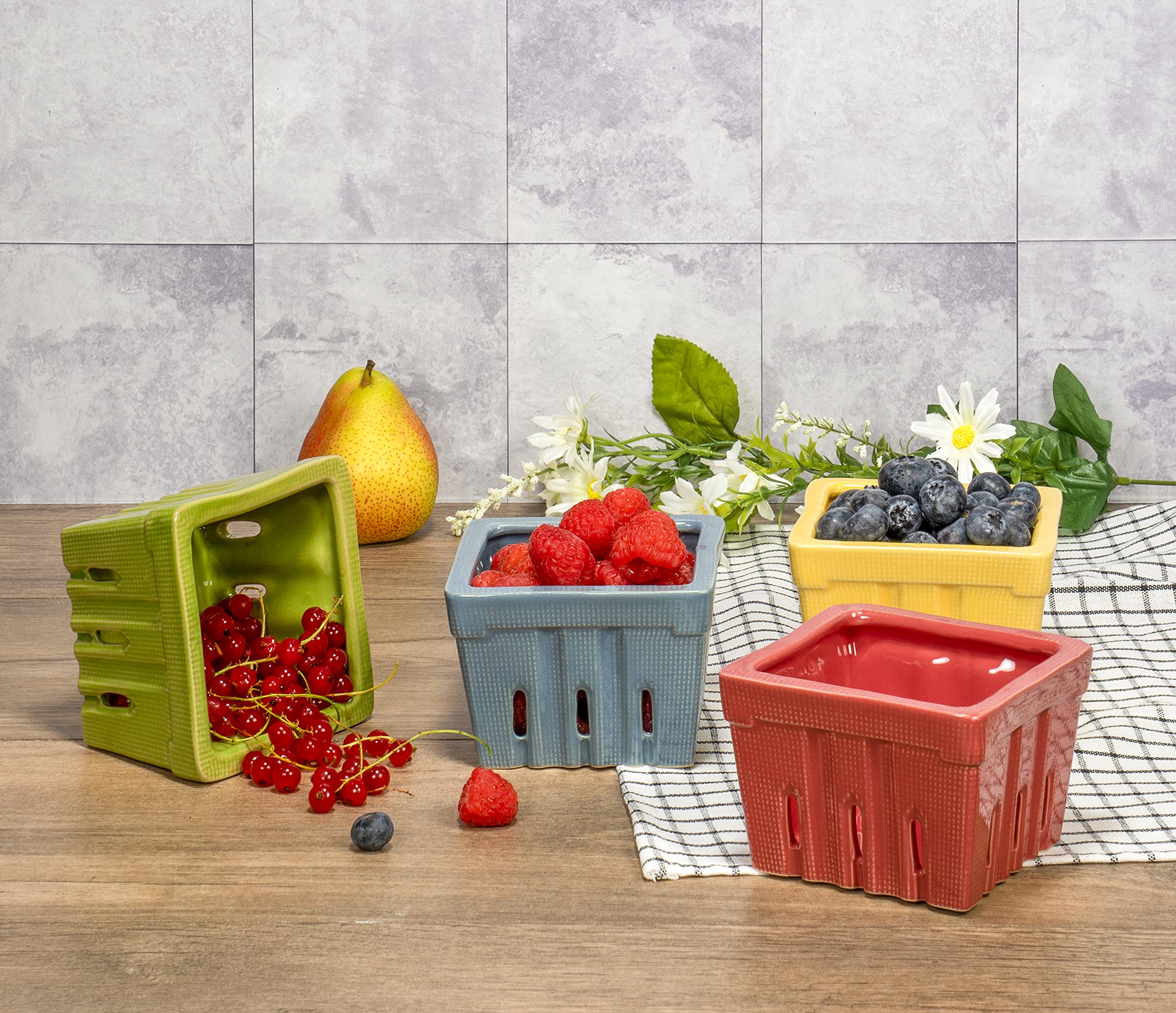 Red Co. Set of 4 Textured Stoneware Colander Square 4 inch Multicolor Berry Baskets