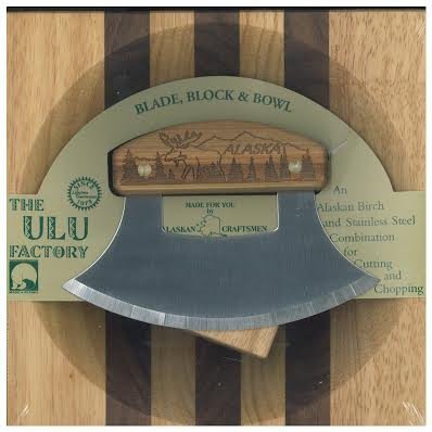 8" Block Ulu Bowl Set Birch Handle Roaming Moose, 6.25" Inupiat Blade