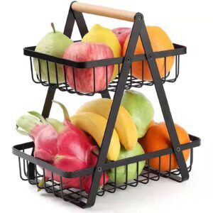 2 tier fruit storage basket countertop for kitchen, rectangle fruit bread wire basket vegetable fruit basket bowl stand holder with wooden handle(black)