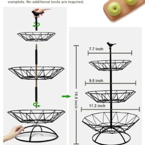 Homlab Fruit Basket for Kitchen-Countertop Detachable Vegetables-Storage 3-Tier Fruit Bowl for Counter Fruit Holder Metal Banana Holder Organizer with Banana Hanger & Reusable Storage Bag(Black)