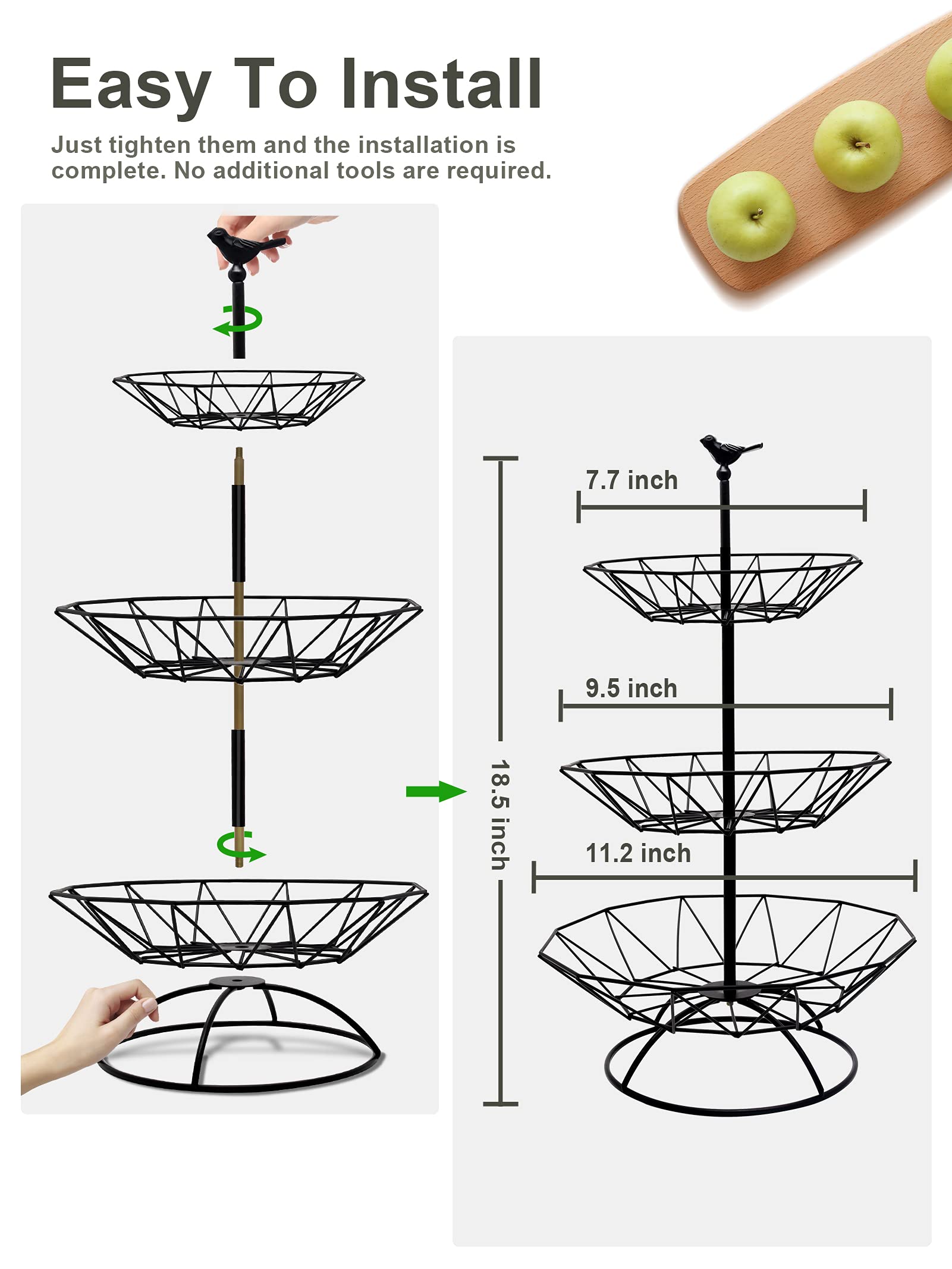 Homlab Fruit Basket for Kitchen-Countertop Detachable Vegetables-Storage 3-Tier Fruit Bowl for Counter Fruit Holder Metal Banana Holder Organizer with Banana Hanger & Reusable Storage Bag(Black)