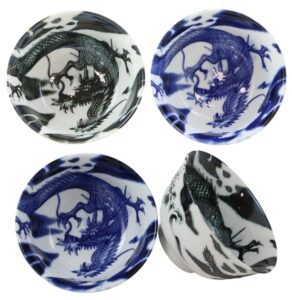 ebros gift blue and black japanese and chinese longwei dragons ceramic bowls pack of 4 made in japan kitchen dining asian cuisine restaurant supply grade microwave dishwasher safe 14oz soup salad bowl