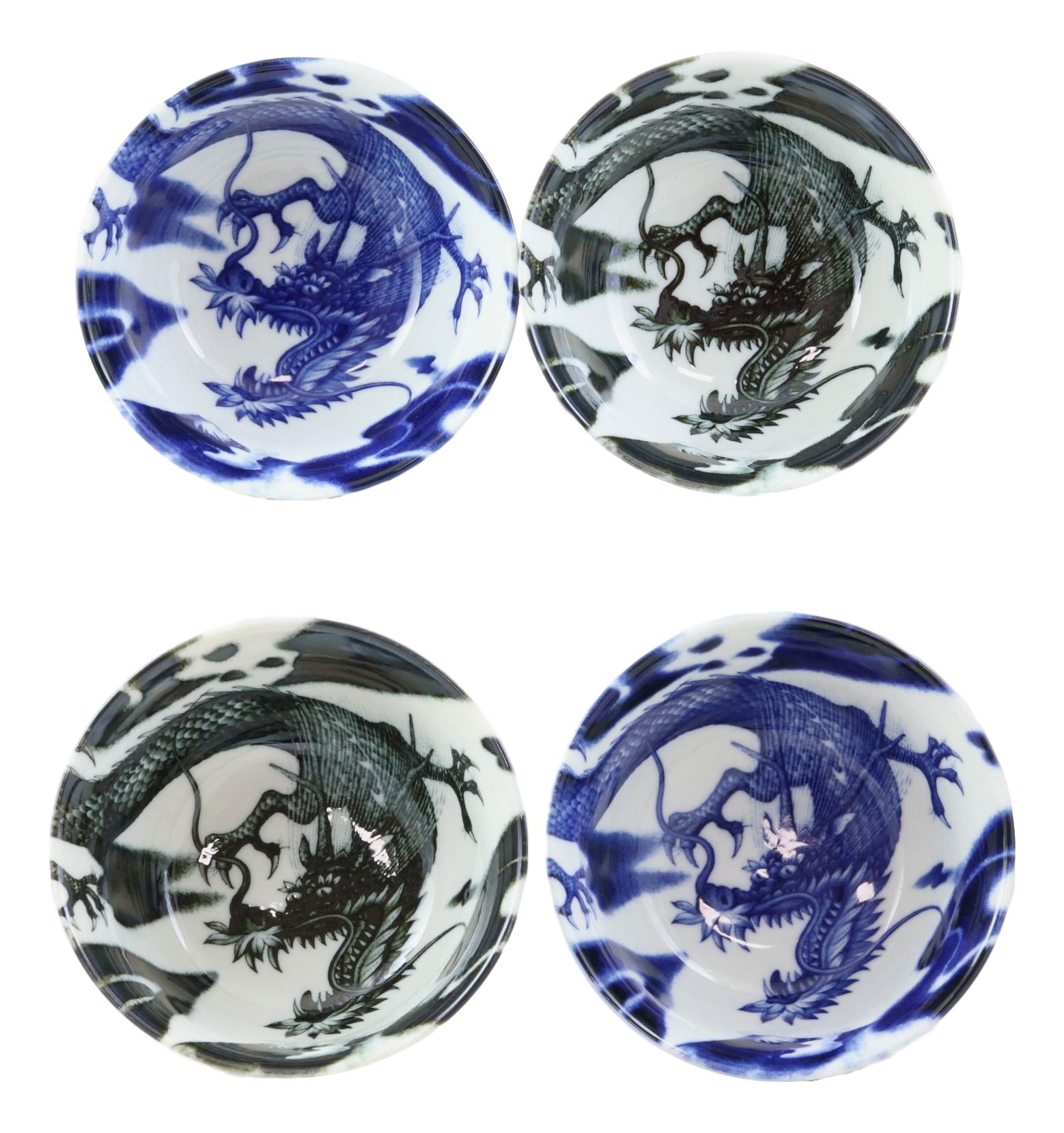 Ebros Gift Blue And Black Japanese And Chinese Longwei Dragons Ceramic Bowls Pack Of 4 Made In Japan Kitchen Dining Asian Cuisine Restaurant Supply Grade Microwave Dishwasher Safe 14oz Soup Salad Bowl