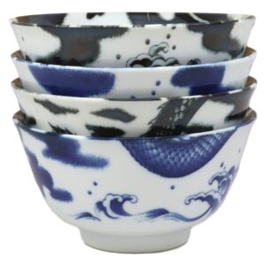 Ebros Gift Blue And Black Japanese And Chinese Longwei Dragons Ceramic Bowls Pack Of 4 Made In Japan Kitchen Dining Asian Cuisine Restaurant Supply Grade Microwave Dishwasher Safe 14oz Soup Salad Bowl