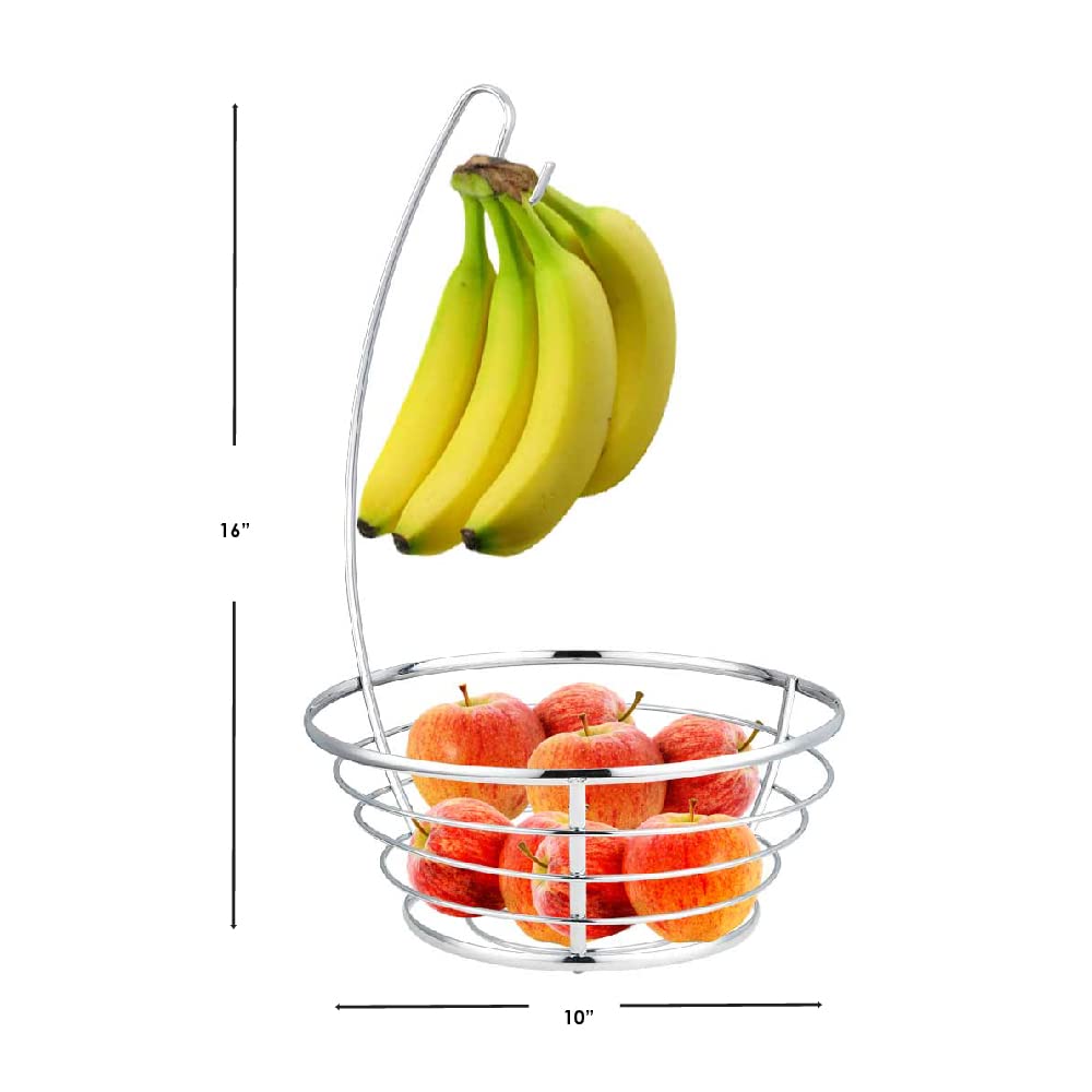 Home Basics Chrome Plated Steel Fruit Tree Basket Bowl with Banana Hanger, Free Standing, Rust Resistant, Silver